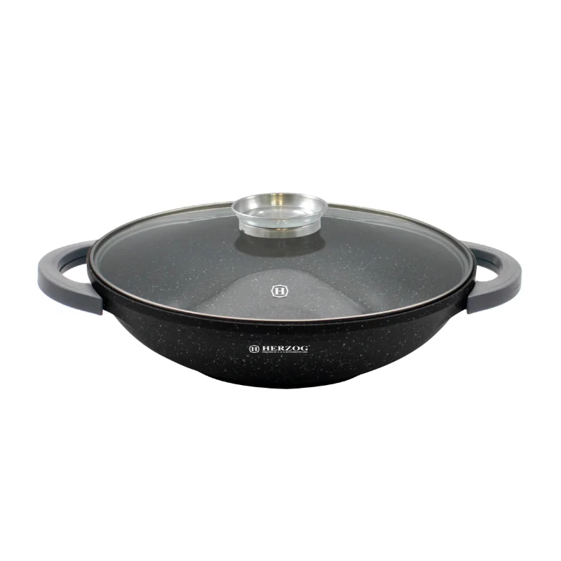 Herzog® Wok Revestido em Mármore com Tampa de Vidro 32 cm - 4.3L - You Like It Store